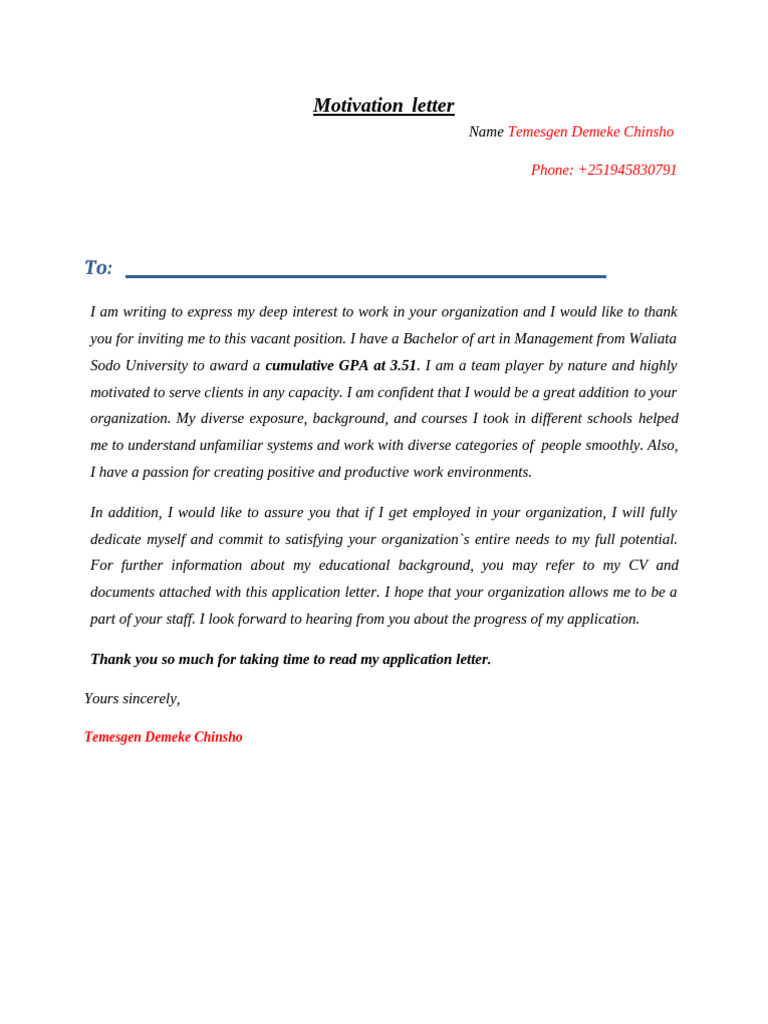 Scholarship Motivation Letter Sample | PDF
