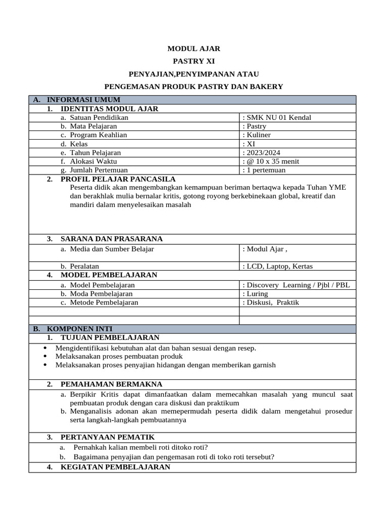 Modul Ajar Penyajian Atau Pengemasan Produk Pastry Bakery | PDF
