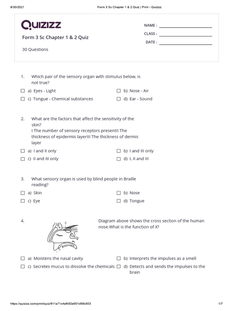 Form 3 Science Quiz on Senses & Respiration | PDF | Respiratory System