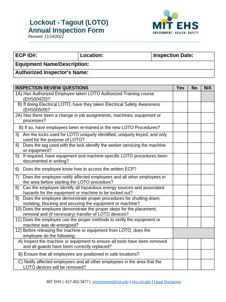 MIT LOTO Annual Inspection Form | PDF | Safety | Occupational Safety And Health