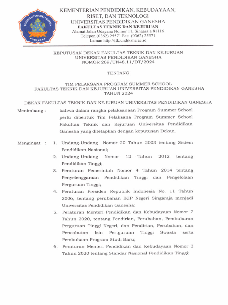 269-UN48.11-DT-2024 Tim Pelaksana Program Summer School FTK Undiksha 2024 (Rev) | PDF