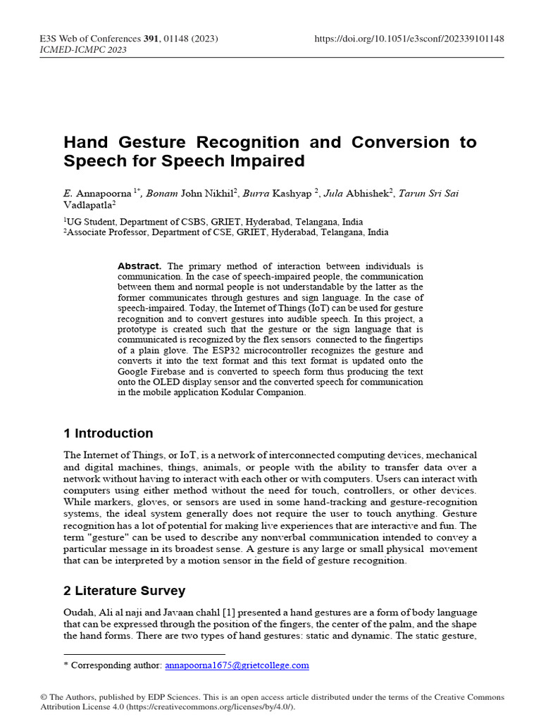 Hand Gesture Recognition and Conversion To Speech For Speech Impaired ...