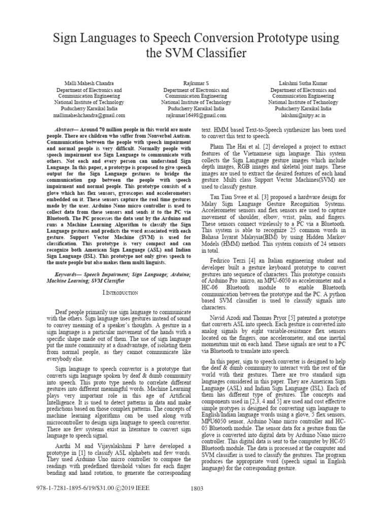 Sign Languages To Speech Conversion Prototype Using The SVM Classifier ...