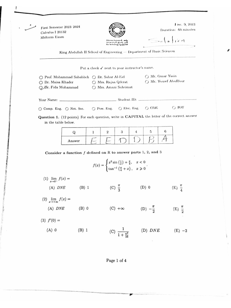 Calculus 1 - Midterm Exam - S1 2023-2024 | PDF