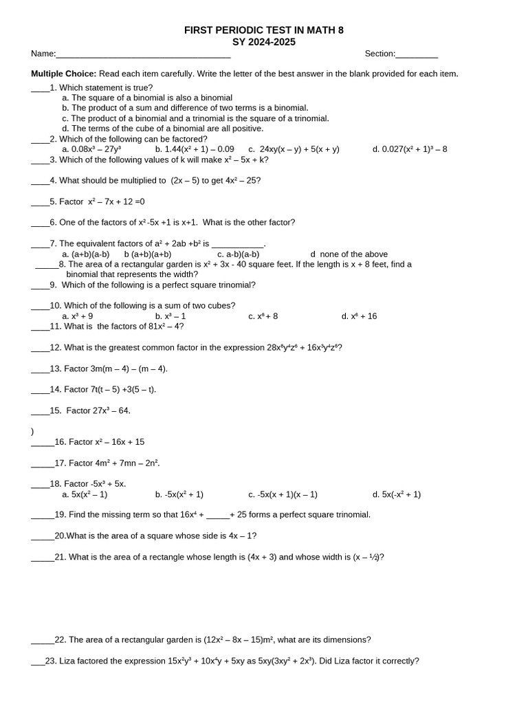 PT - Mathematics 8 - Q1 Reviewer 2024 | PDF | Area | Elementary Mathematics