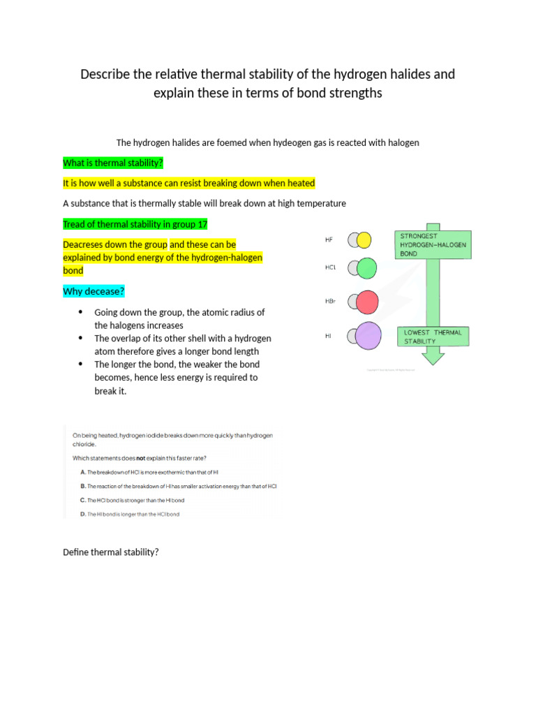 Describe The Relative Thermal Stability of The Hydrogen Halides and Explain These in Terms of ...