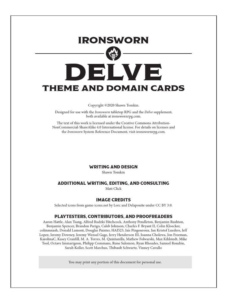 Ironsworn - Delve Cards - Fanmade A4 With Backs | PDF