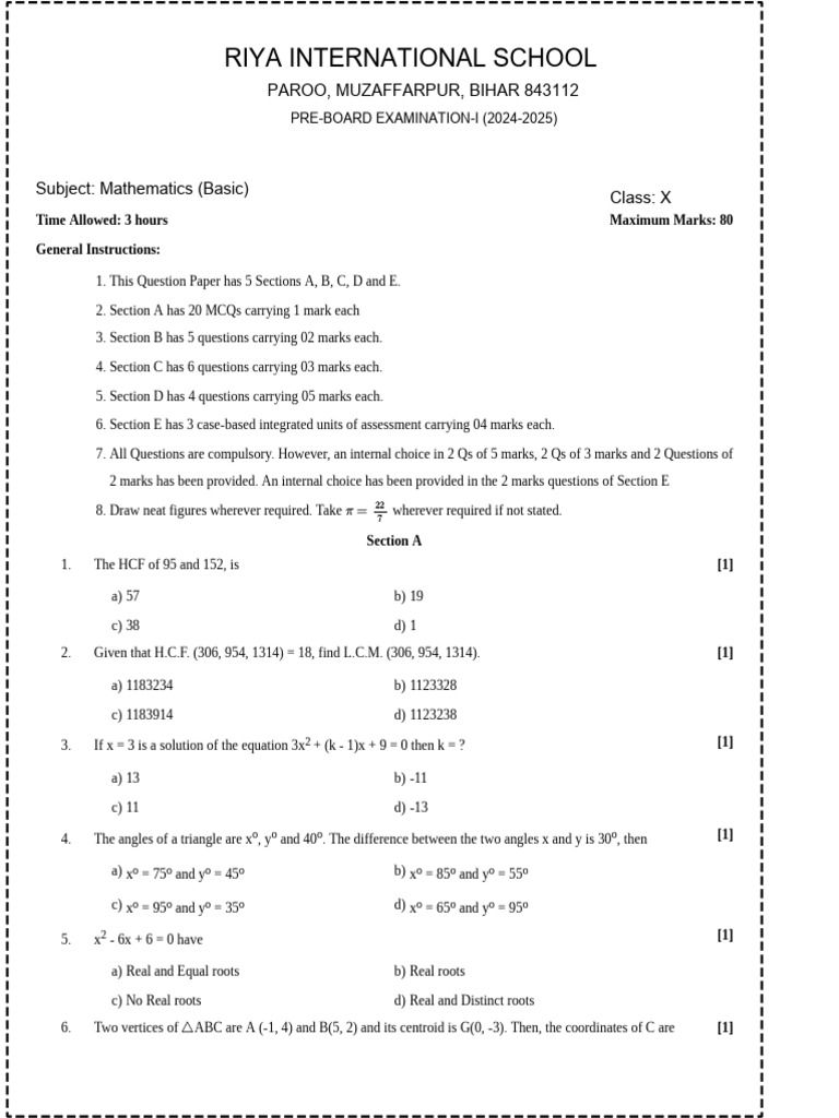 Mathematics Basic 241 Pre Board 1 | PDF | Circle | Quadratic Equation