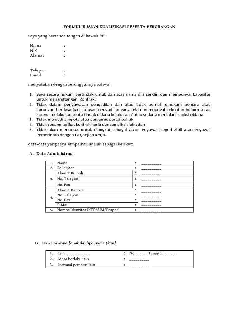 Formulir Isian Kualifikasi Peserta Perorangan | PDF