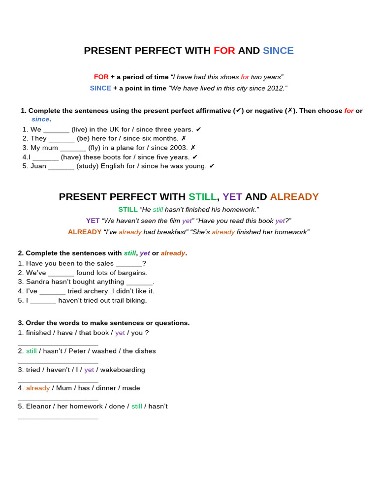 Present Perfect With For Since Still Yet and Alrea Grammar Guides ...