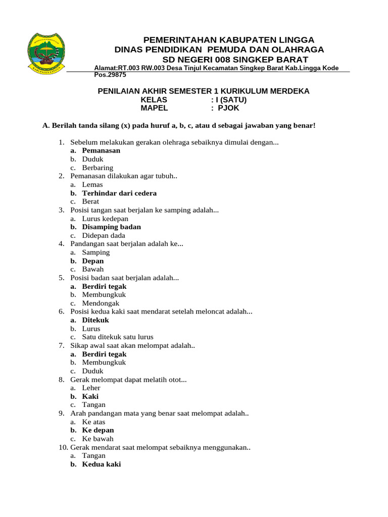 Soal PJOK Kelas 1 Semester 1 Kurikulum Merdeka | PDF