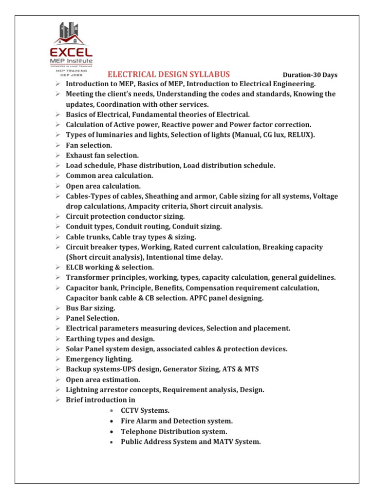 Excel Mep Electrical Design Syllabus | PDF