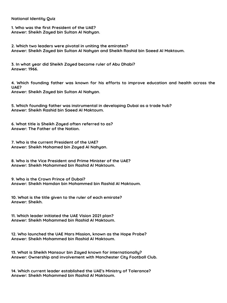 UAE National Identity Quiz with Answers | PDF | United Arab Emirates