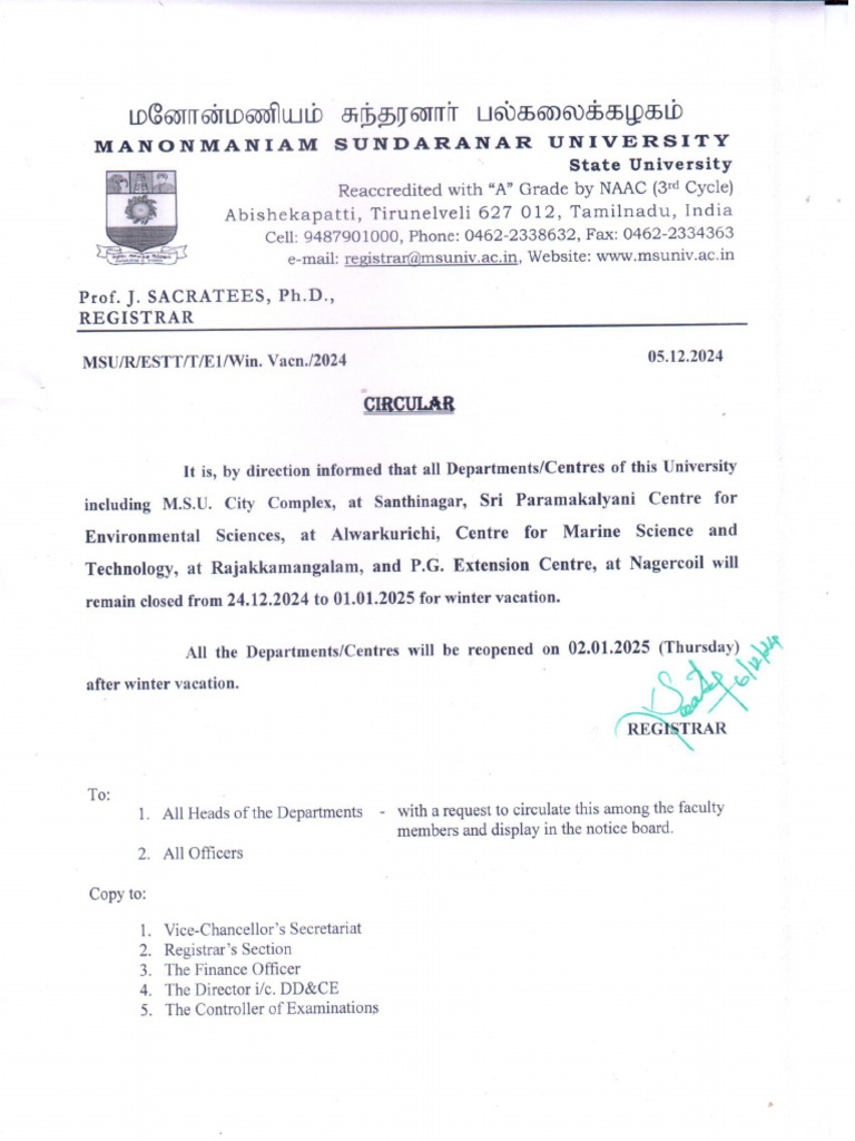 Winter Vacation Circular | PDF