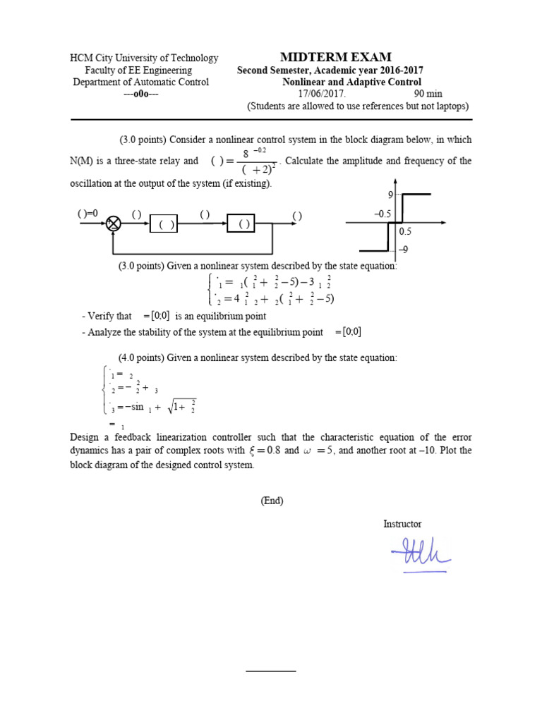NonlinearAdaptiveCtrl Midterm Exam 2nd Semester 1617 Solution | PDF | Oscillation | Nonlinear System