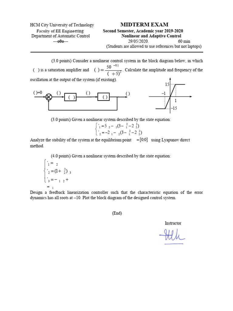 Nonlinear Control Exam 2020 | PDF