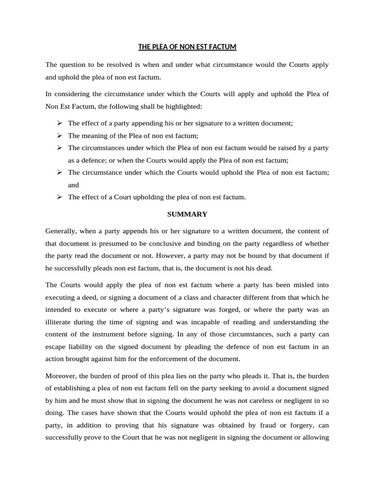 THE PLEA OF NON EST FACTUM (1) | PDF | Plea | Negligence