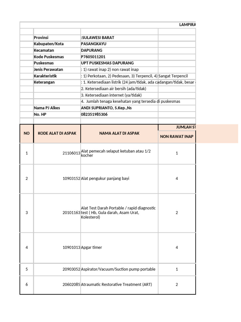 Format Usulan Alkes Puskesmas Dapurang | PDF