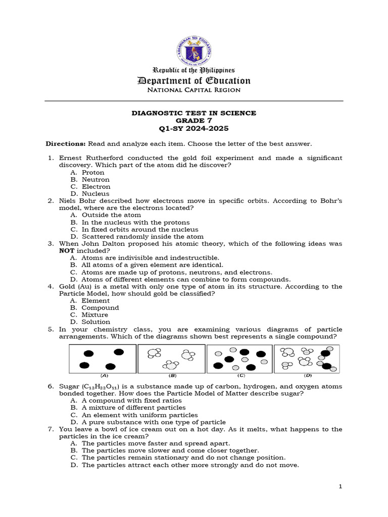 G7-SCIENCE-Q1-DIAGNOSTIC | PDF | Atoms | Boiling