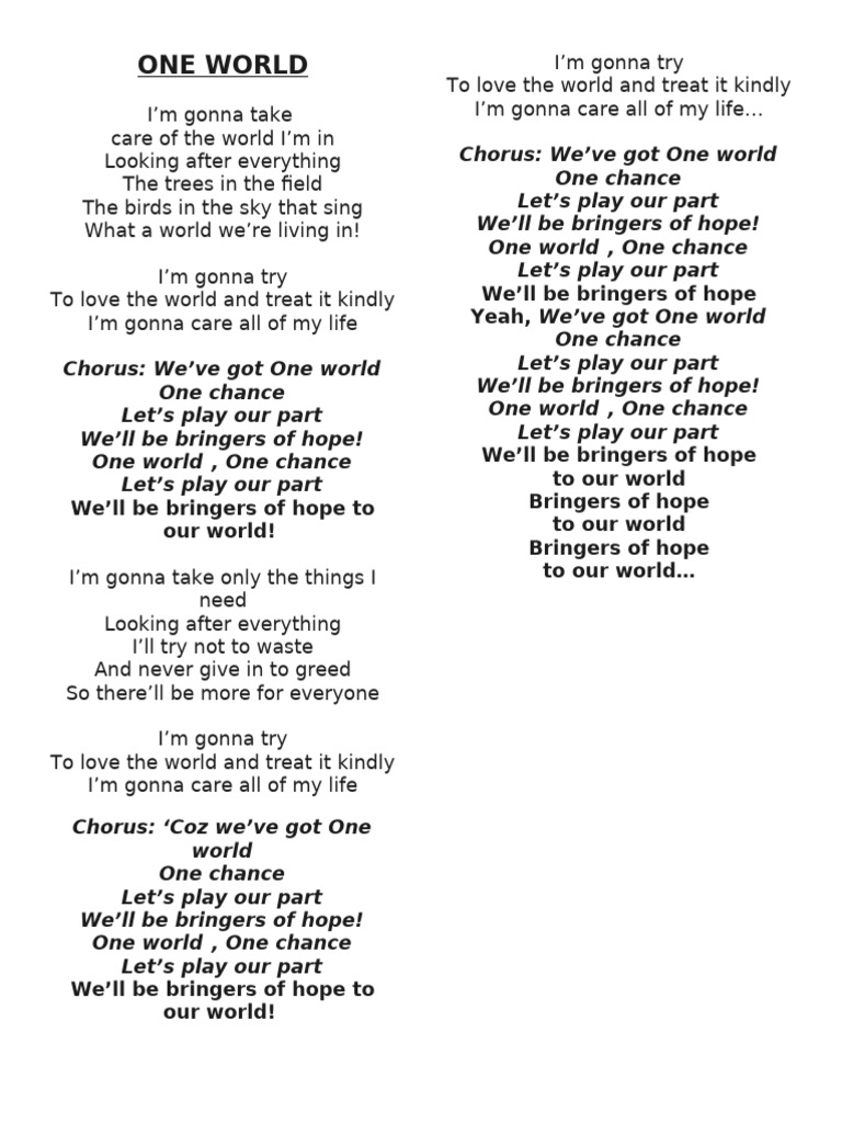 ONE WORLD Lyrics Tawag NG Kalikasan Limay District Science Fair | PDF