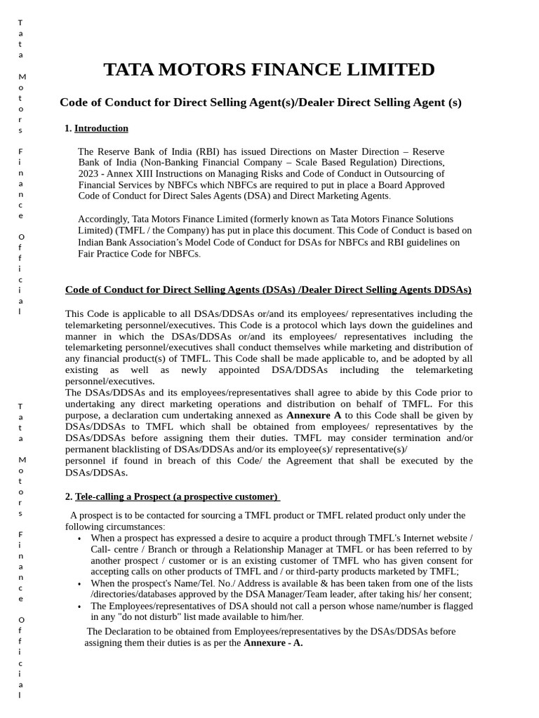 TMFL - Code of Conduct For DSA - DDSA | PDF