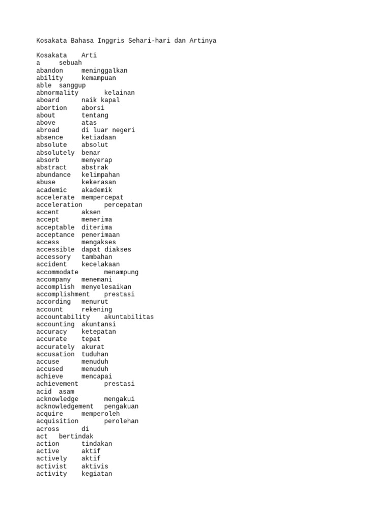 Kosakata Bahasa Inggris Sehari Hari Dan | PDF