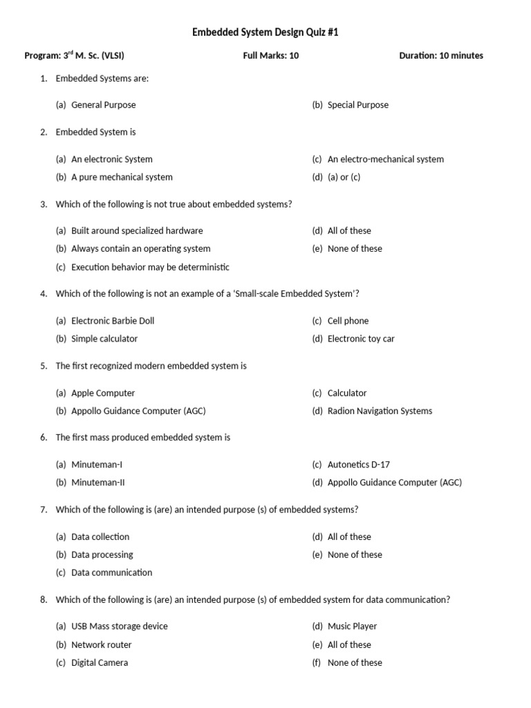 Embedded Systems Quiz for VLSI Students | PDF | Embedded System ...
