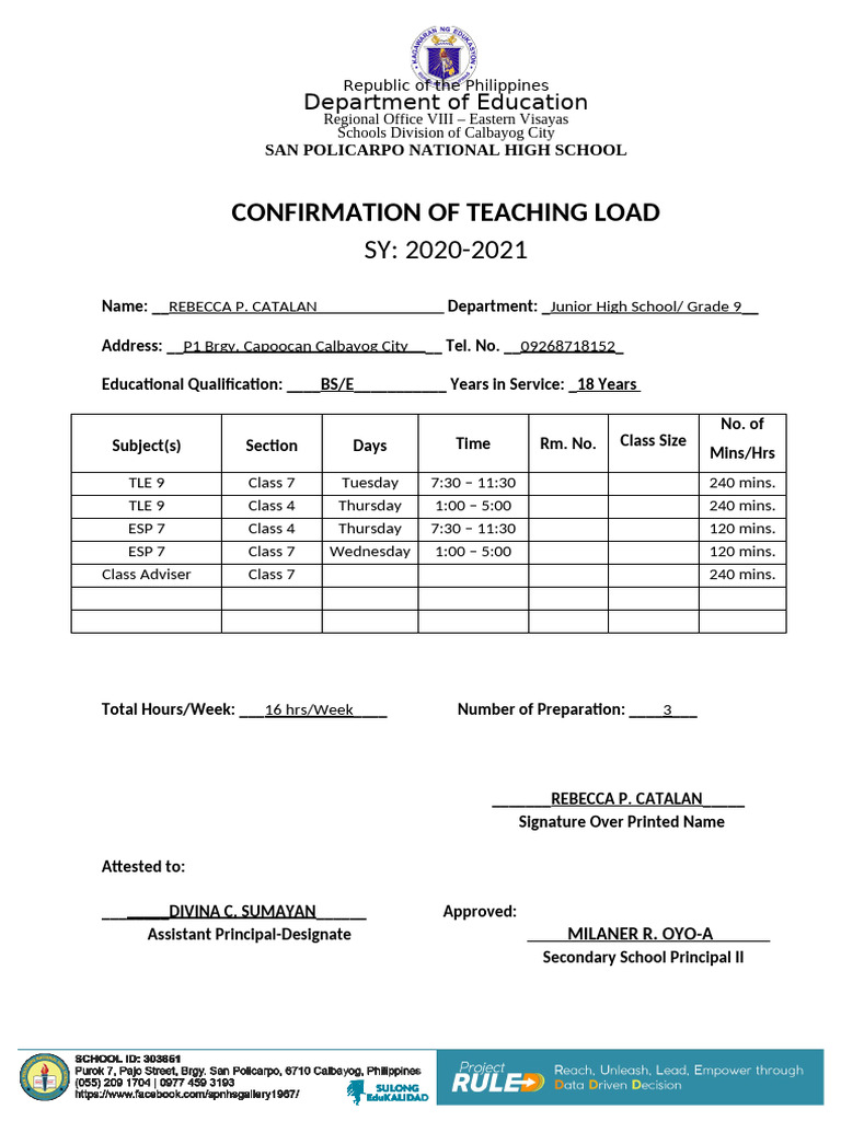Confirmation of Teaching Load | PDF | Educational Stages | High Schools ...