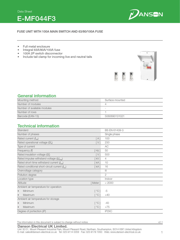 100A Fuse Unit Data Sheet | PDF | Fuse (Electrical) | Electric Power