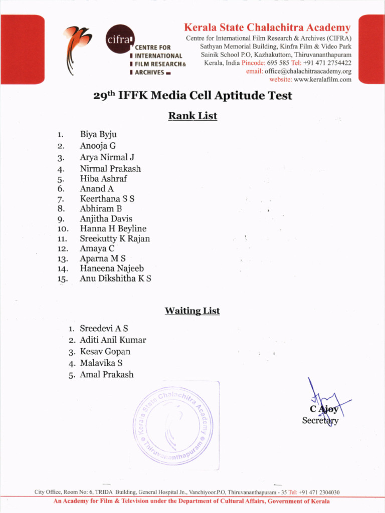 Rank_Lis -29th_IFFK_Media_cell_Aptitude_Test | PDF