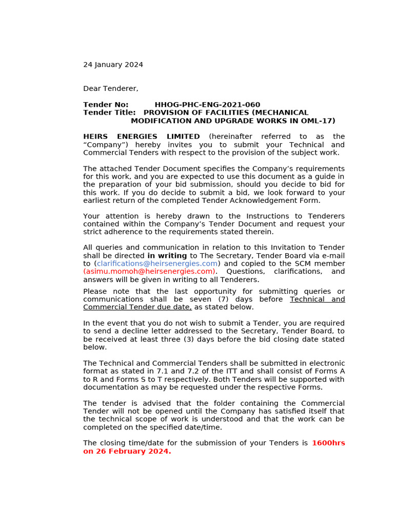 Facility Modification ITT Letter Template For Tech and Commercial | PDF