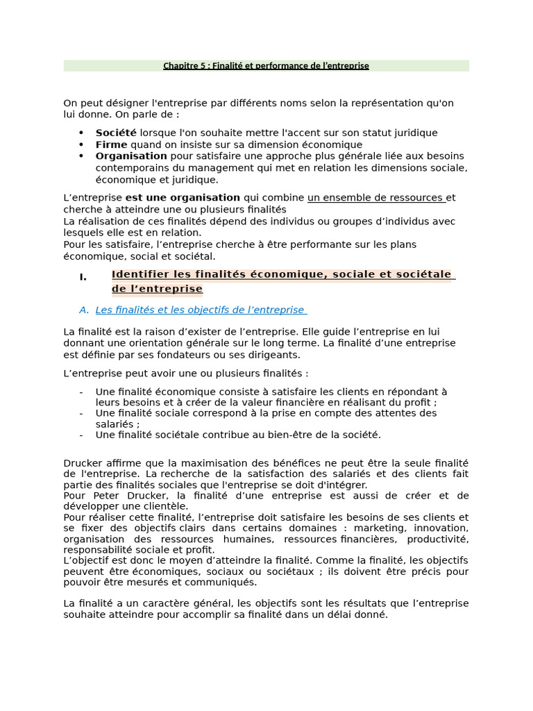 Finalités et performance de l'entreprise | PDF | Business ...