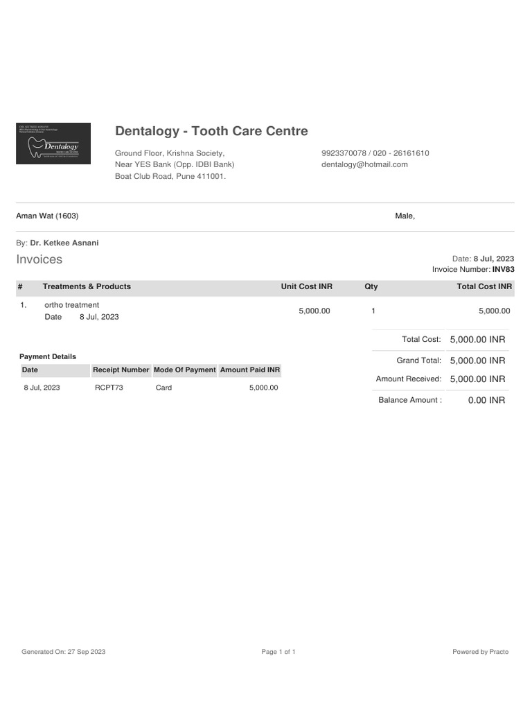 Dental Invoice for Ortho Treatment | PDF