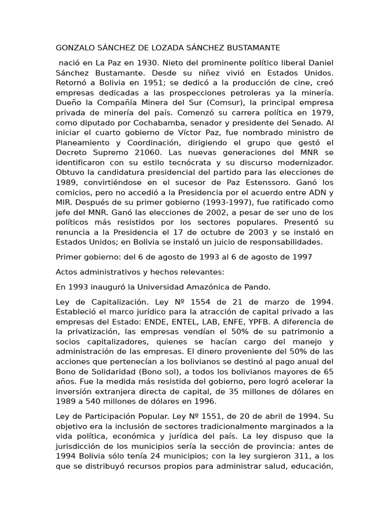 GONZALO SÁNCHEZ DE LOZADA SÁNCHEZ BUSTAMANTE[1] | PDF | Bolivia