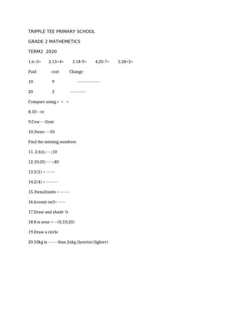 Grade 2 Maths Term 2 2020-1 | PDF