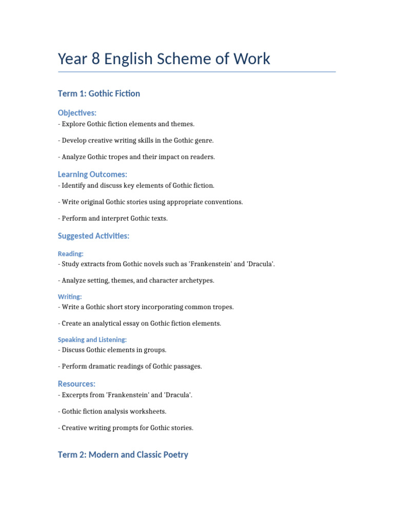 Year 8 Detailed English Scheme of Work | PDF | Poetry | Gothic Fiction