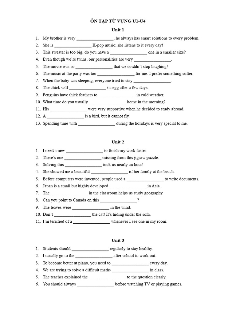 ÔN TẬP TỪ VỰNG U1-U4 | PDF