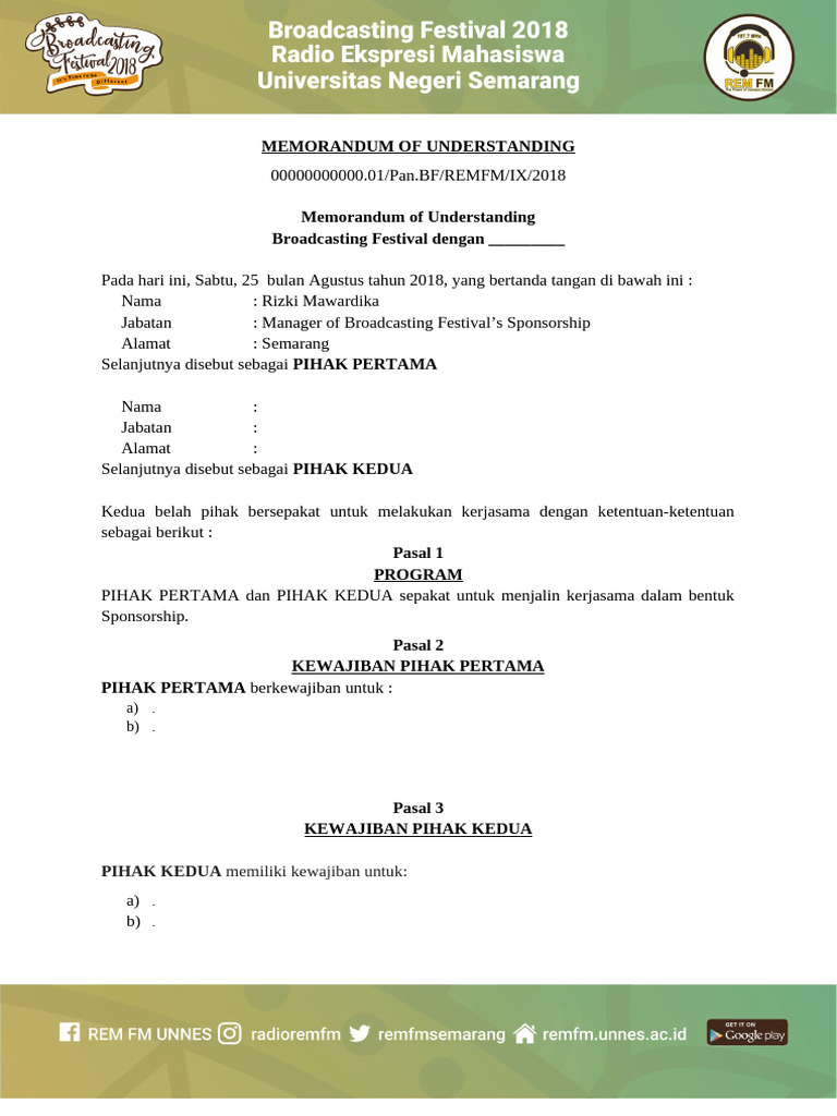 CONTOH MOU SPONSORSHIP | PDF