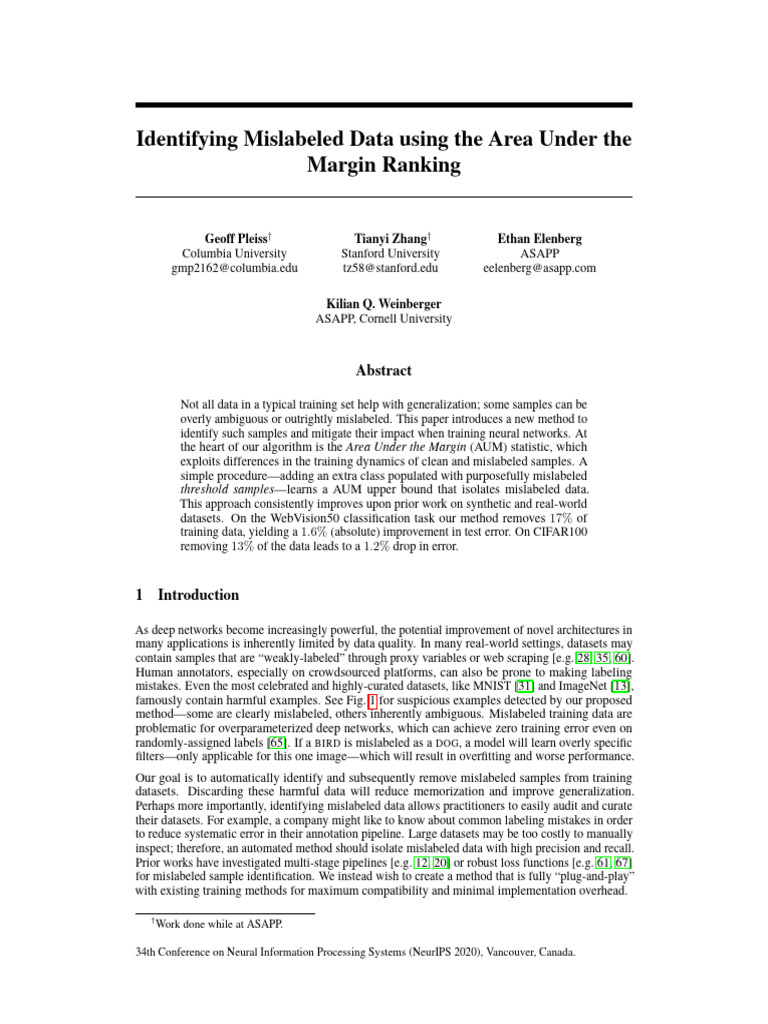 Pleiss 等 - Identifying Mislabeled Data using the Area Under t | PDF | Sampling (Statistics ...