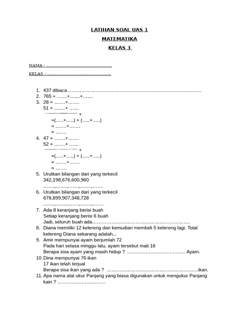 LATIHAN SOAL UAS 1 MATEMATIKA kelas 3 | PDF