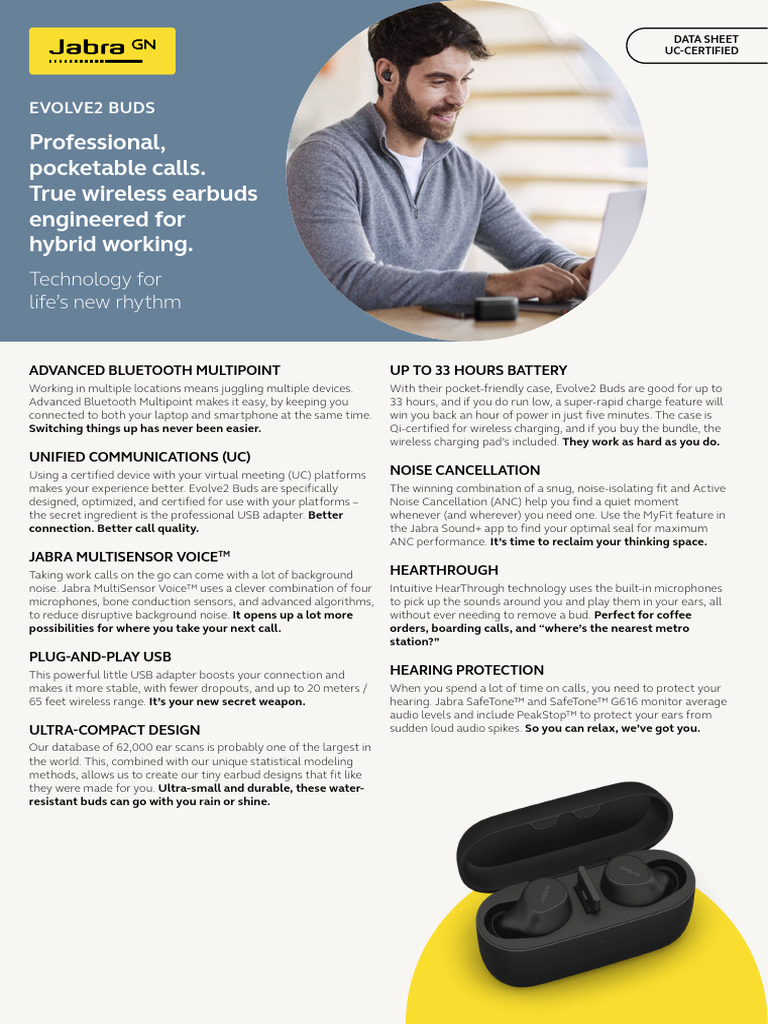 EN Jabra Evolve2 Buds Data Sheet UC A4 WEB 270624 | PDF | Headphones | Bluetooth