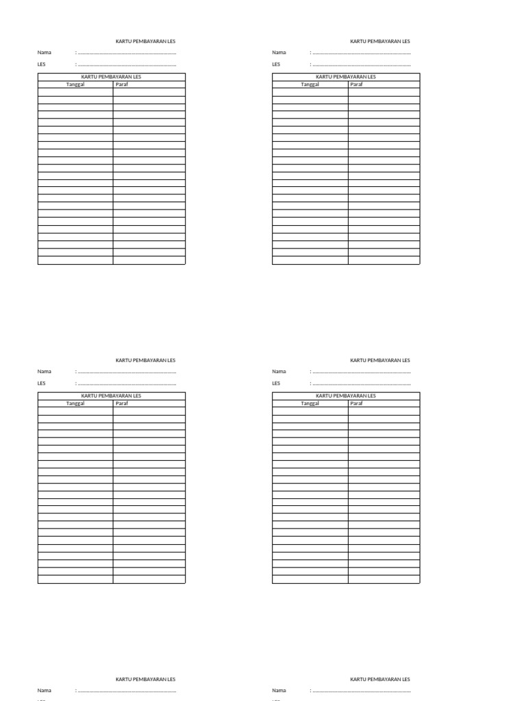 contoh format KARTU PEMBAYARAN LES | PDF