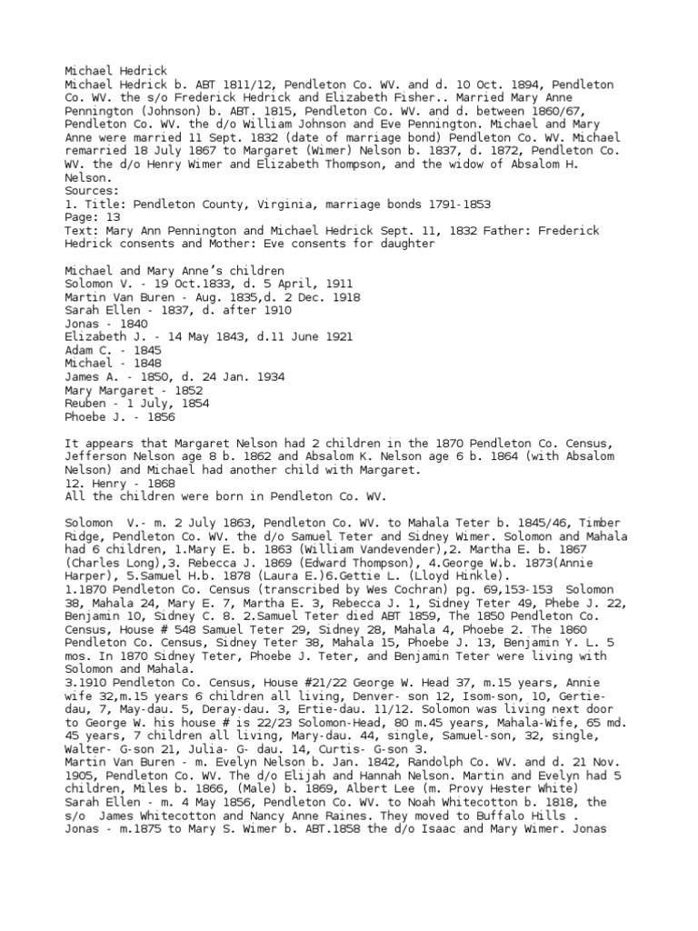 Michael Hedrick (Born 1811/12family Group | PDF