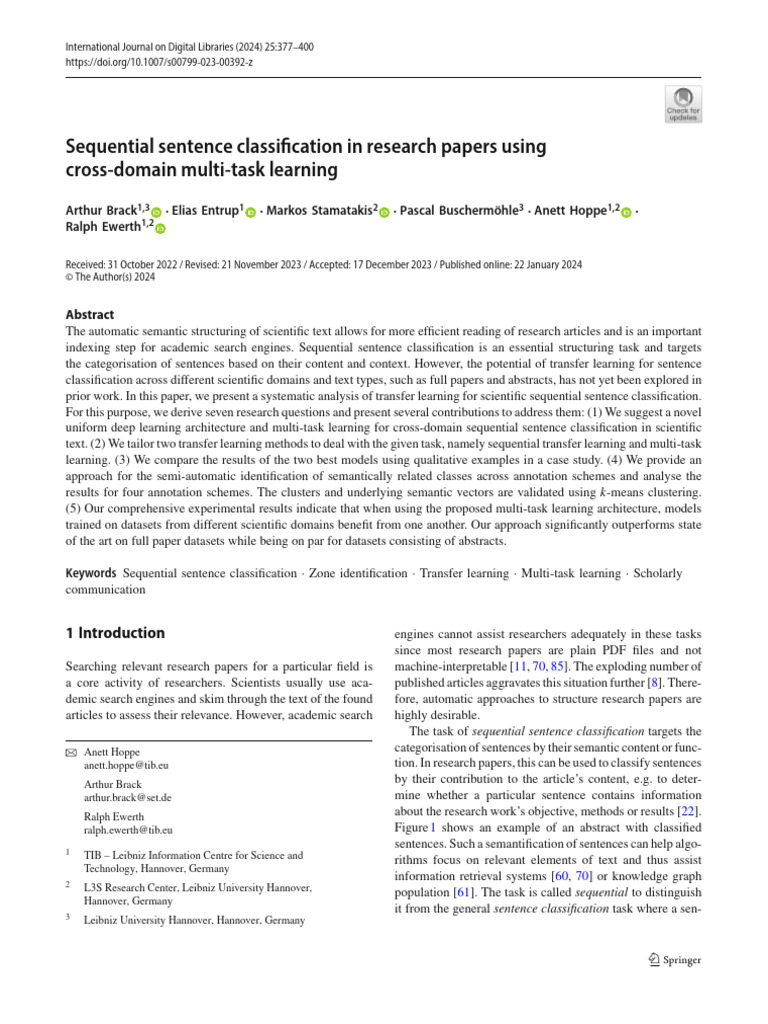 Sequential Sentence Classification in Research Papers Using Cross-Domain Multi-Task Learning ...