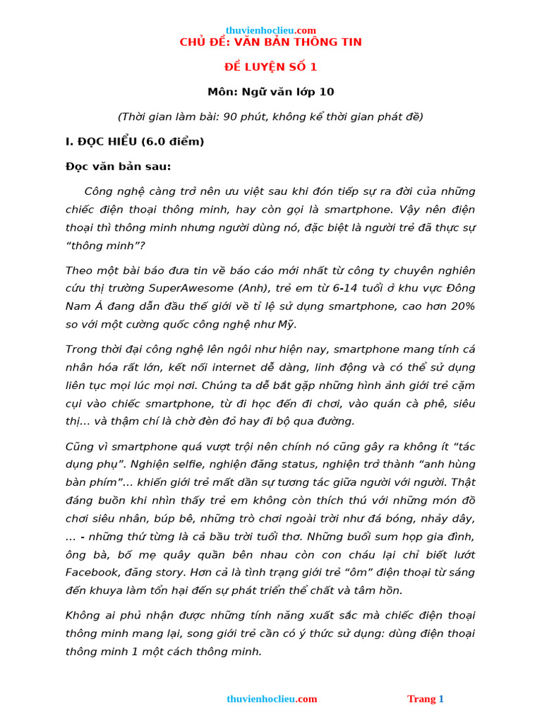 Văn bản thông tin Bo de luyen doc hieu viet van 10 | PDF