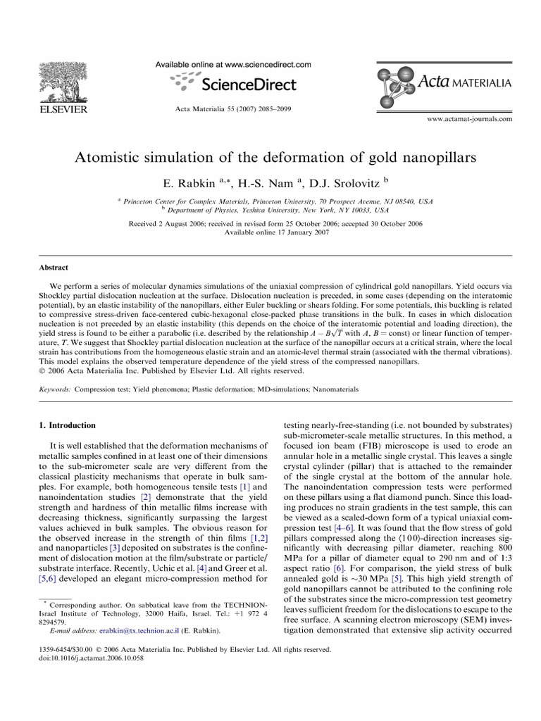 1 07 Atomistic Simulation Of The Deformation Of Gold Nanopillars Pdf