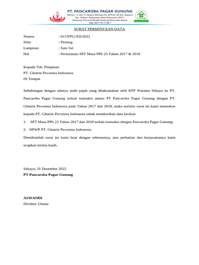 SURAT PERMINTAAN DATA | PDF