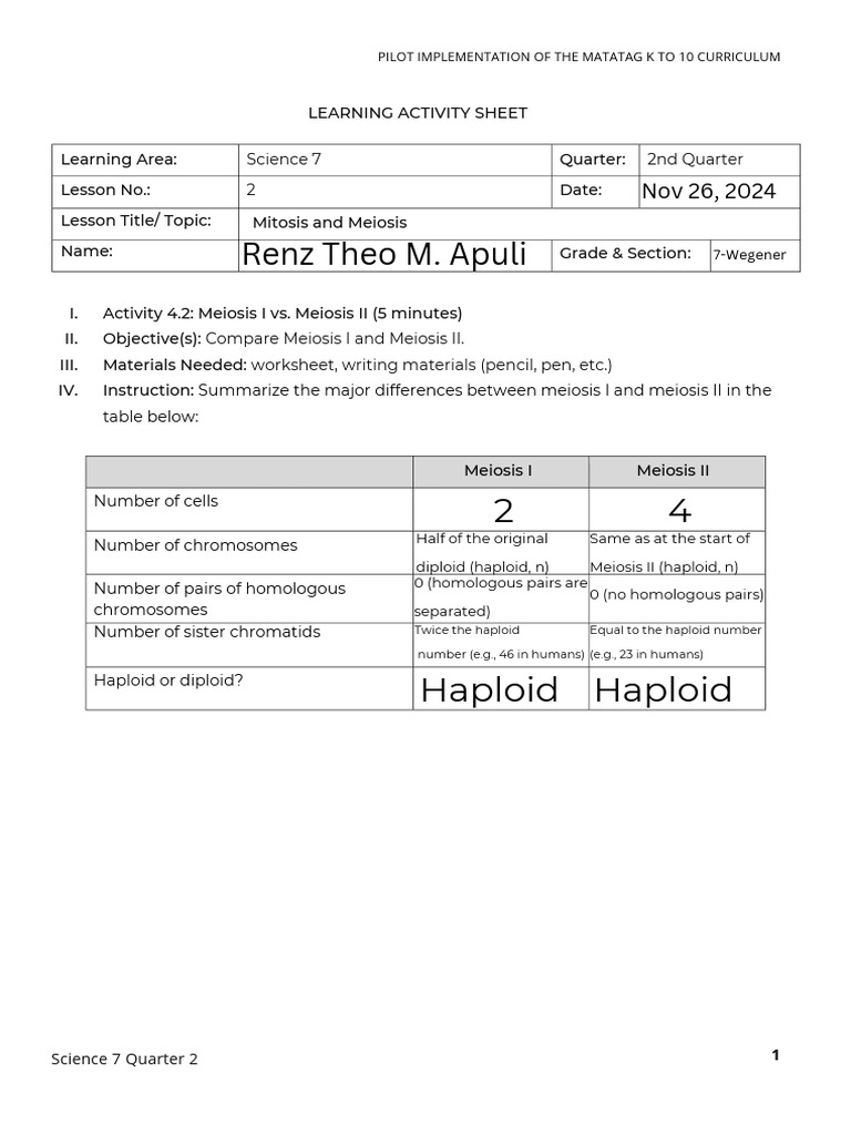 Renz Theo Apuli - Mitosis vs. Meiosis PDF | PDF | Meiosis | Cell Biology