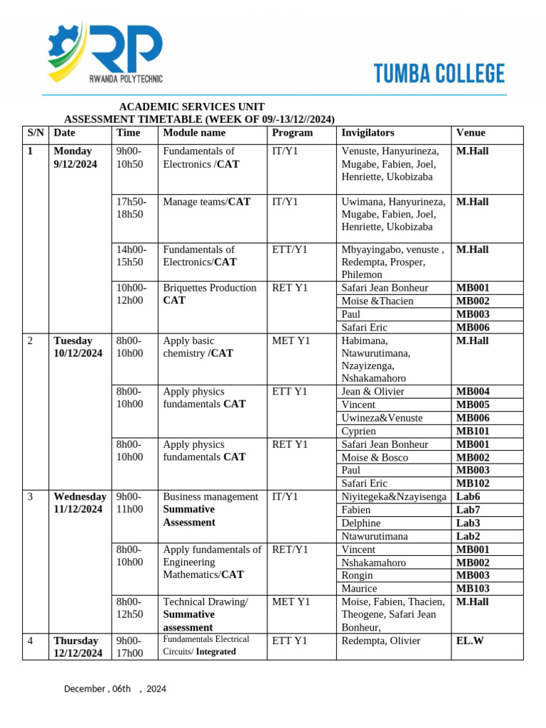 ASSESSMENT TIMETABLE WEEK OF 09-13-12-2024 (1) | PDF | Physical Sciences | Engineering