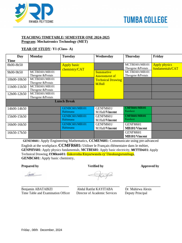 Teaching Timetable L6y1 2024-2025 Version11 | PDF | Academic Term ...